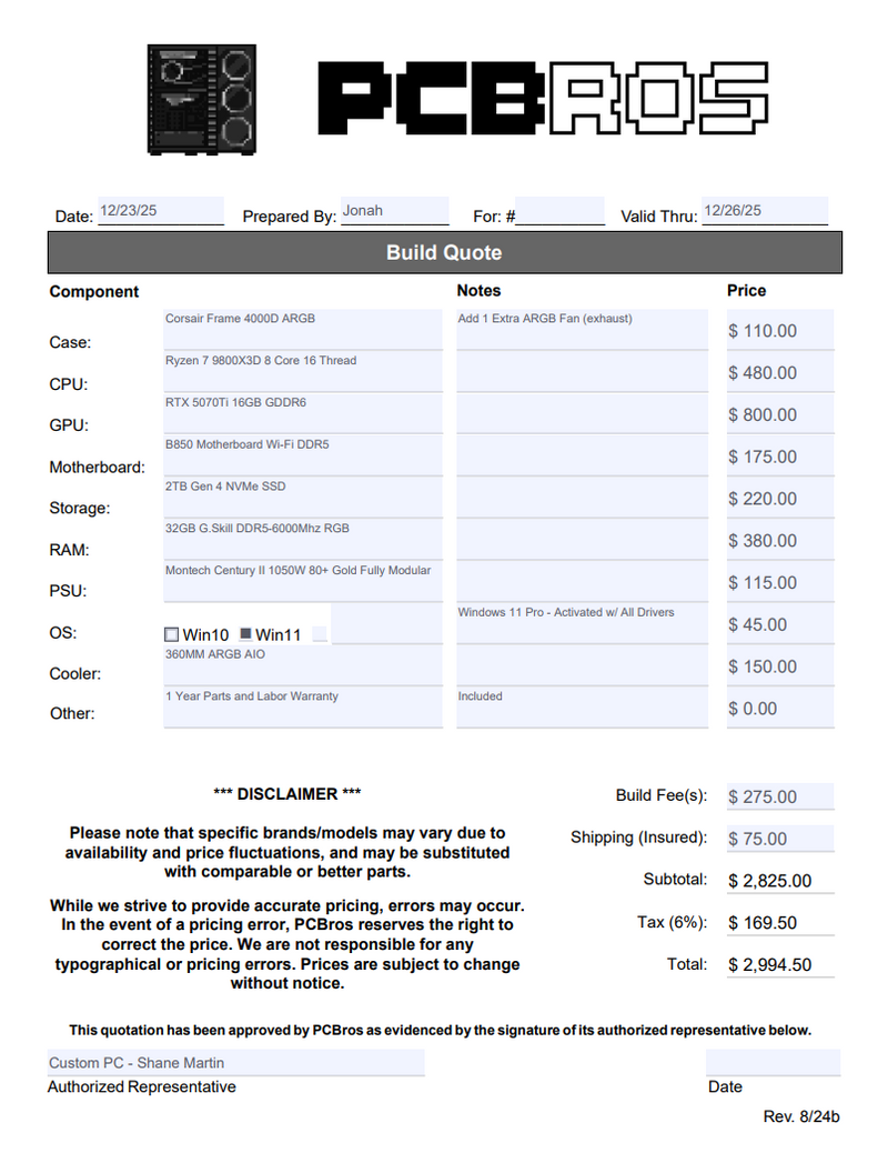 Shane Martin Custom PC Build - Extra Fee